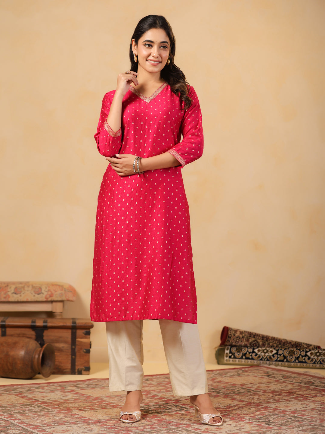Span Pink V Neck Viscose Kurta – spanfashions